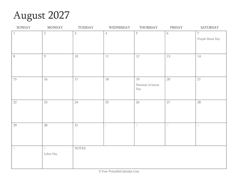 Printable August Calendar 2027 with Holidays